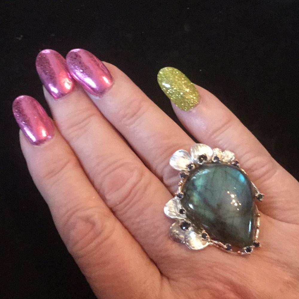 Mysterious, Opalescent Labradorite & Sapphire Ring - Gem